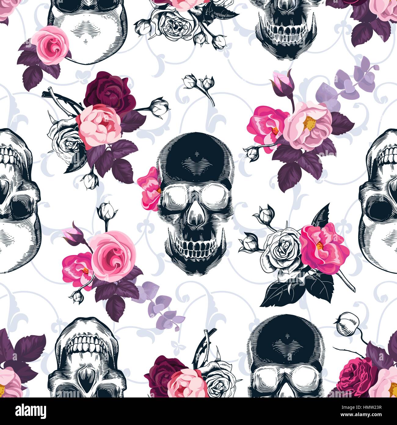 Floral Seamless Pattern With Monochrome Human Skulls In Woodcut Style