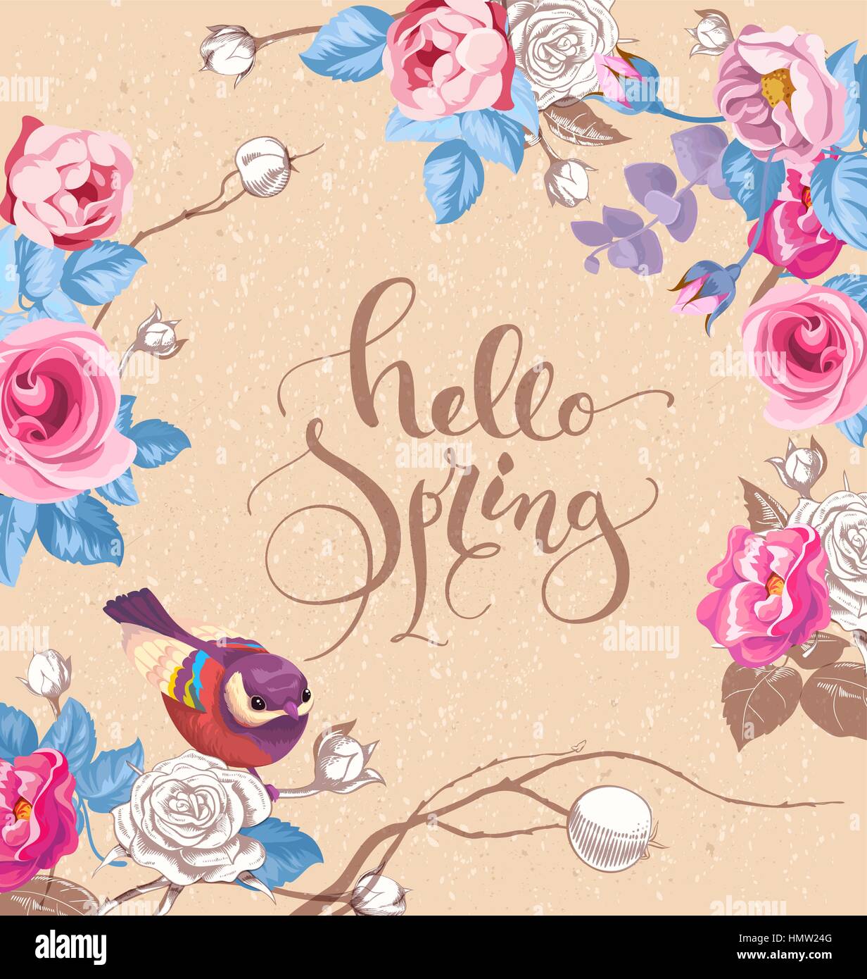 Greeting card with elegant hand written lettering Hello Spring. Cute ...