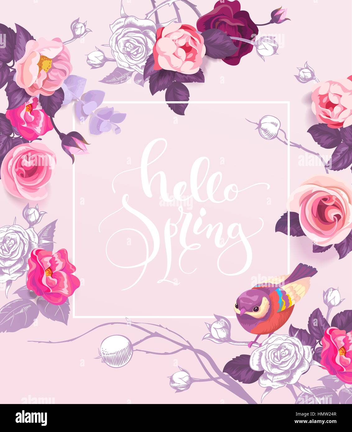 Greeting card with elegant hand written lettering Hello Spring. Cute ...
