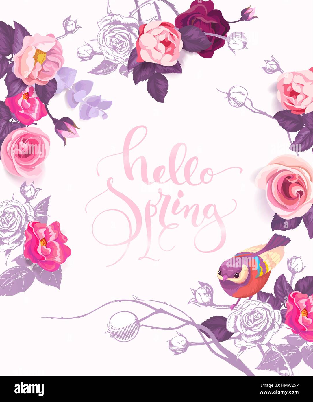 Elegant botanical card with hand written lettering Hello Spring. Cute ...