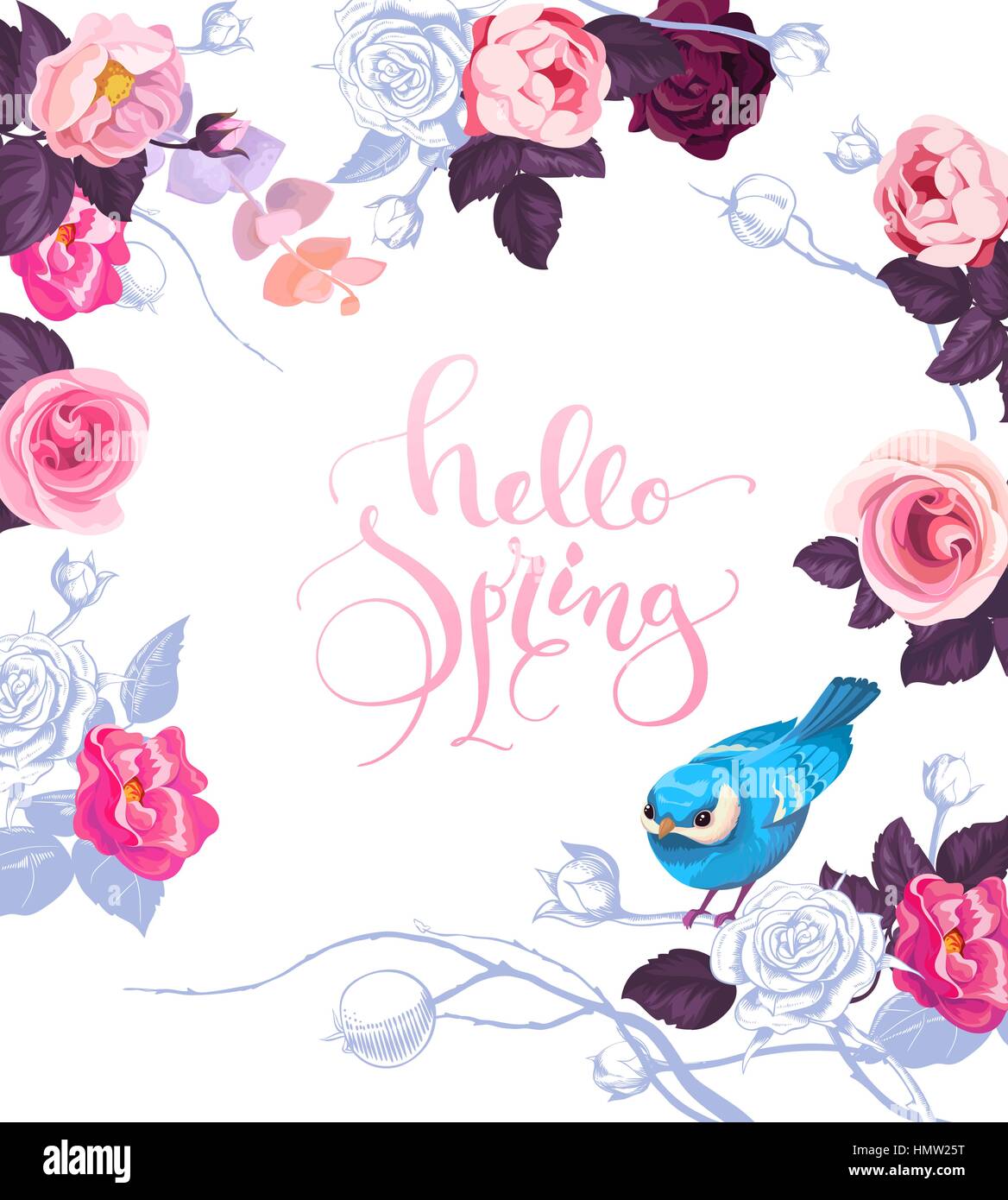 Elegant botanical card with hand written lettering Hello Spring. Cute ...