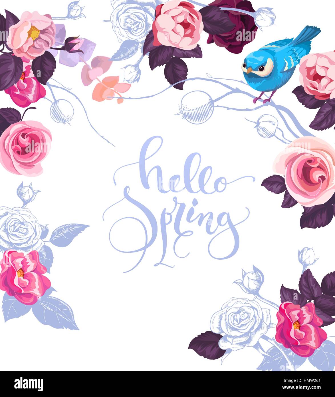 Elegant botanical card with hand written lettering Hello Spring. Cute ...