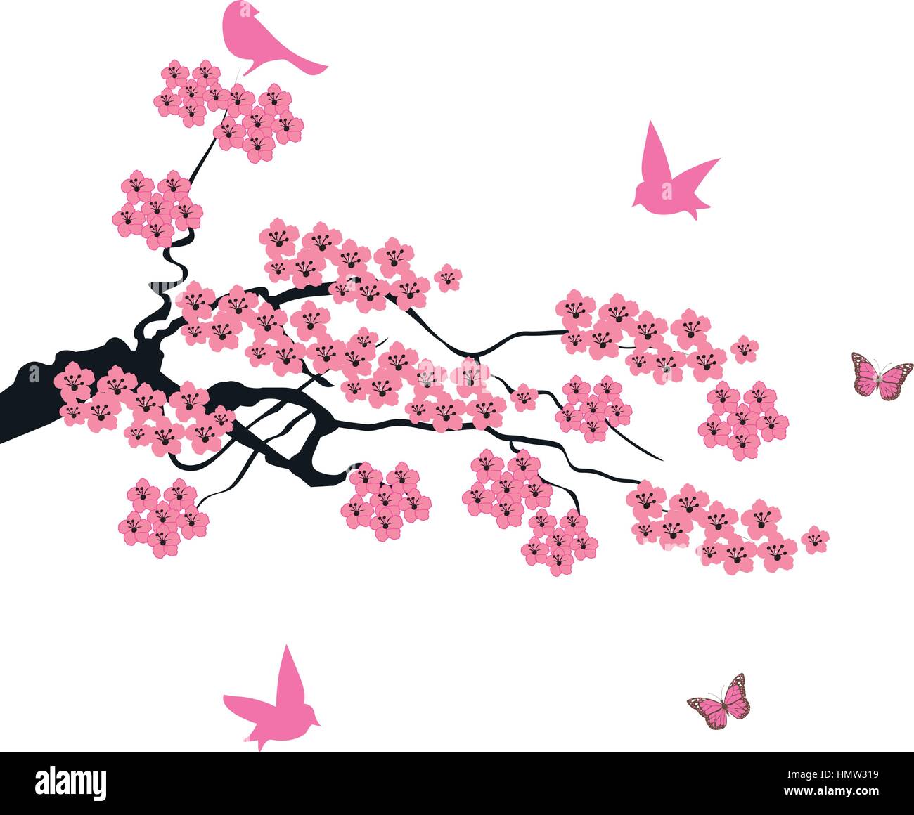 vector illustration of cherry blossom with birds Stock Vector Image ...
