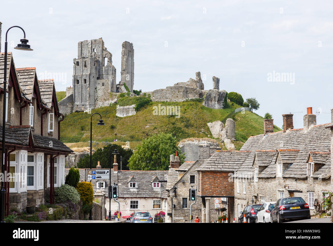 The hilltop ruins of Corfe Castle, survivor of the English Civil War ...