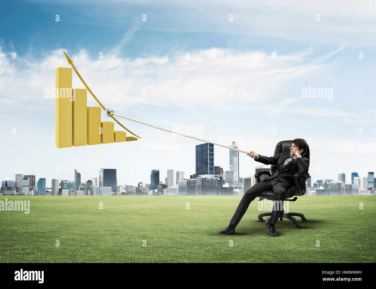 Businessman pulling graph with rope as concept of power and control ...