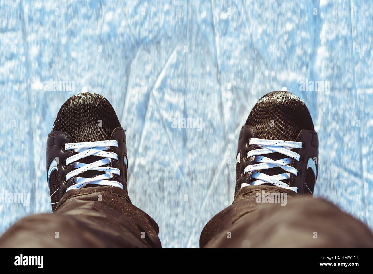 Ice skates in Motion Top View Closeup Stock Photo - Alamy
