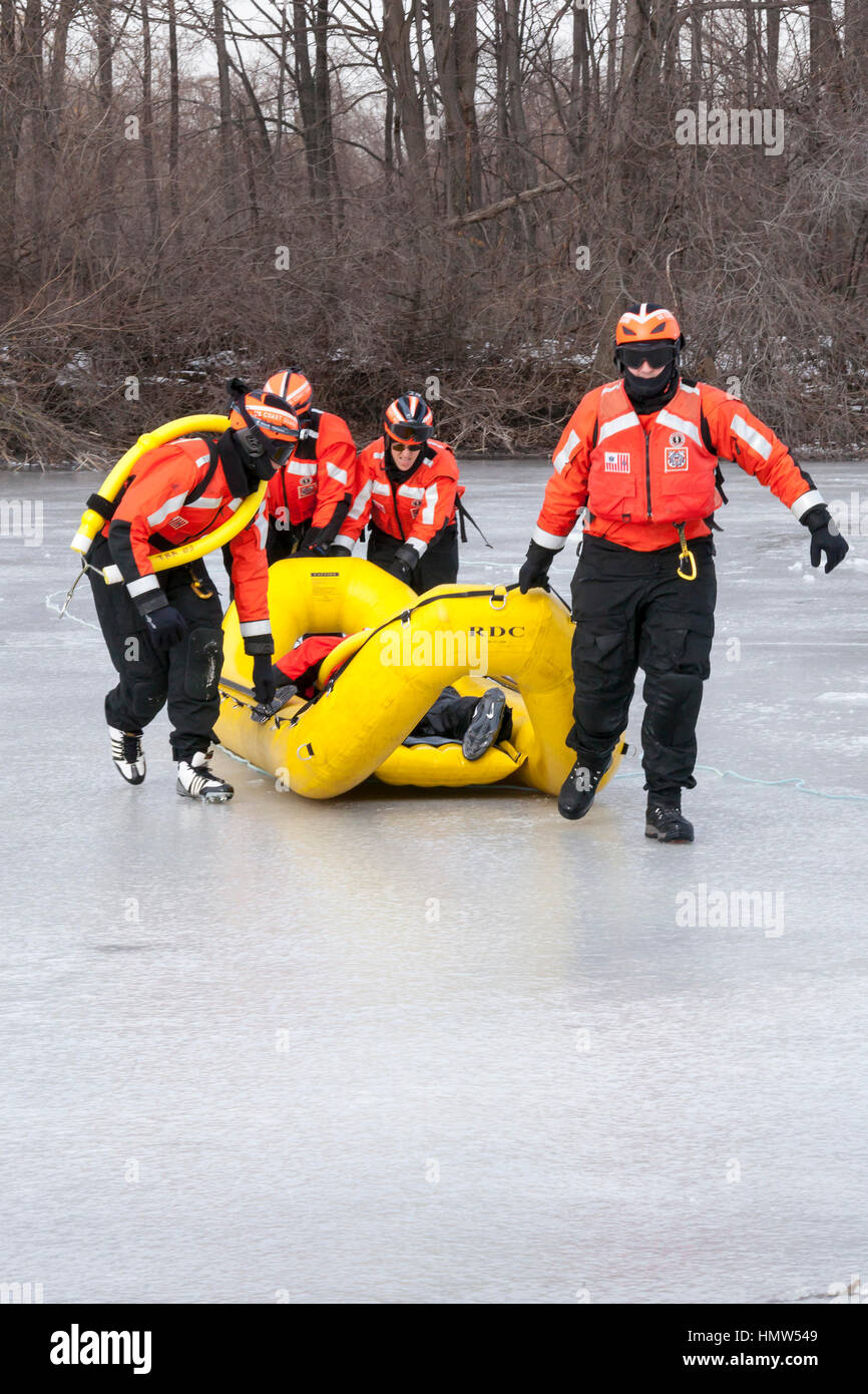 Detroit, Michigan - The U.S. Coast Guard demonstrates ice rescue ...