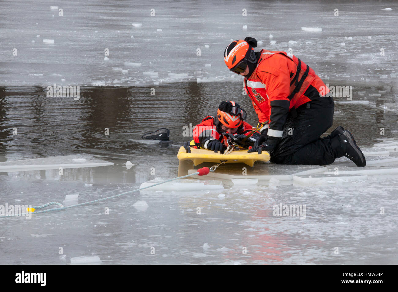 Detroit, Michigan - The U.S. Coast Guard demonstrates ice rescue ...