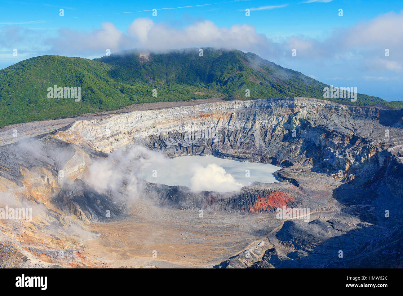 Caldera with crater lake, steam rising from Poas Volcano, Poas Volcano ...