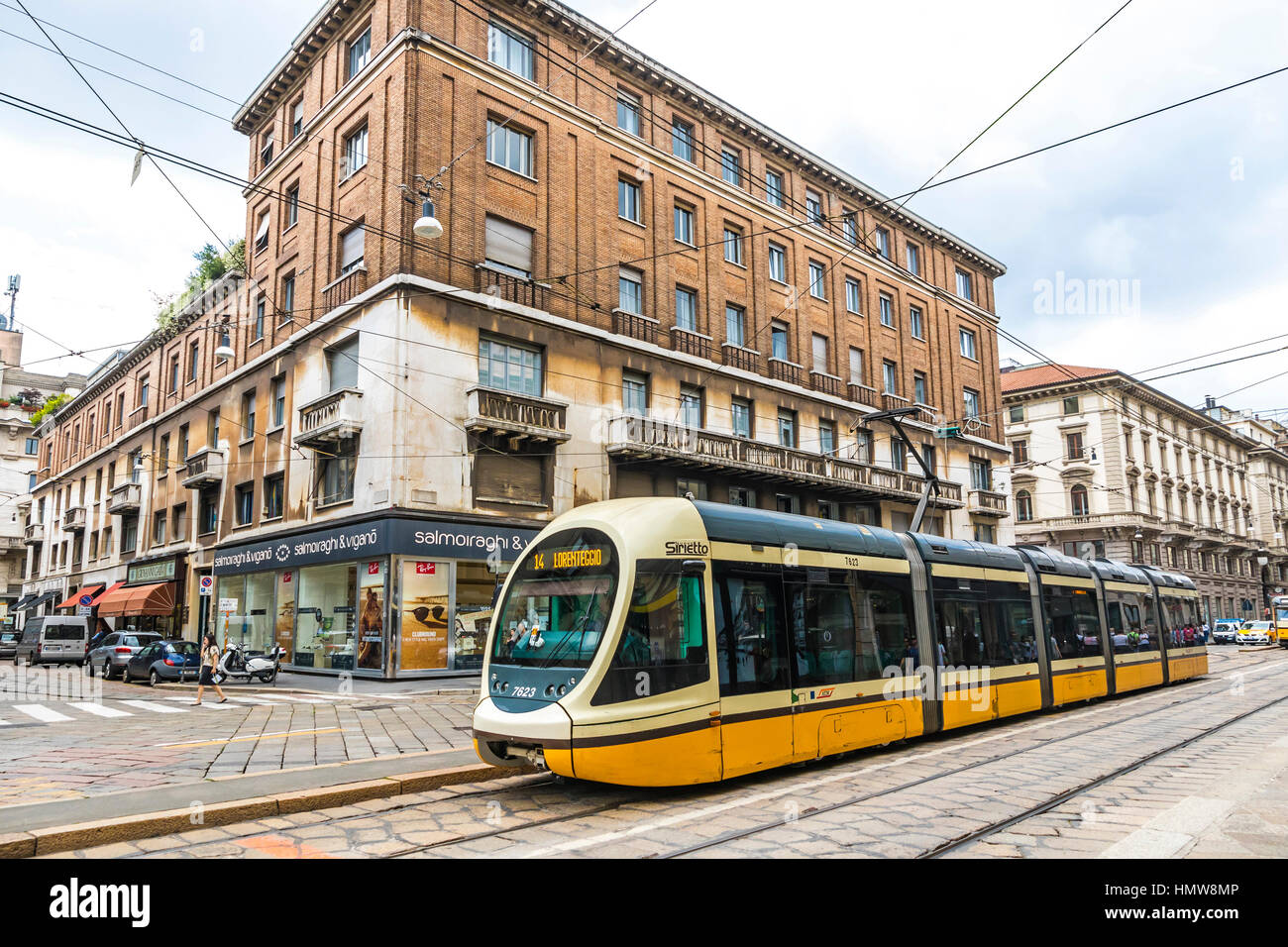 MILAN, ITALY - JUNE 14, 2016: Modern tram (Serie ATM 7500 "Sirietto ...