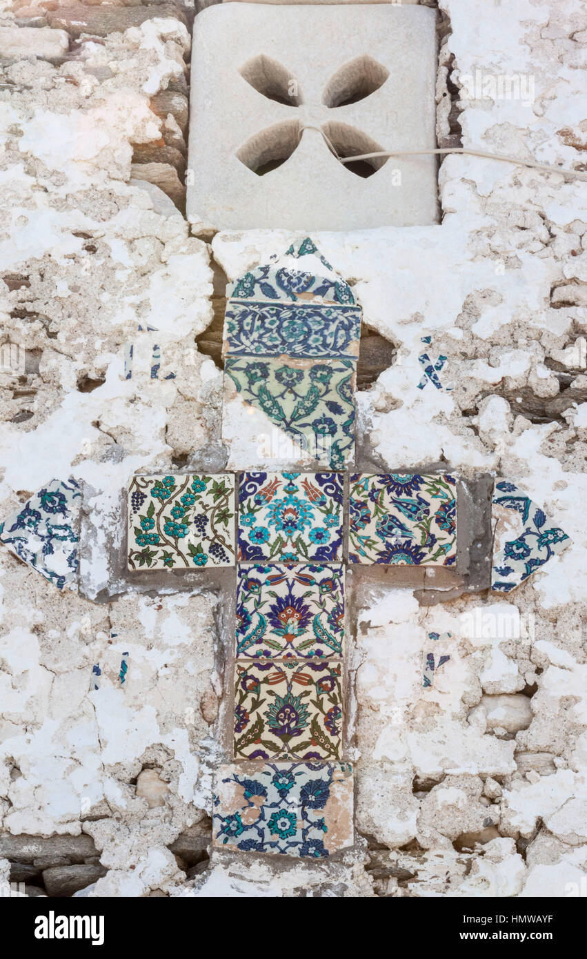 Detail of a Cross on the Facade of a typical Orhtodox Church in Paros ...