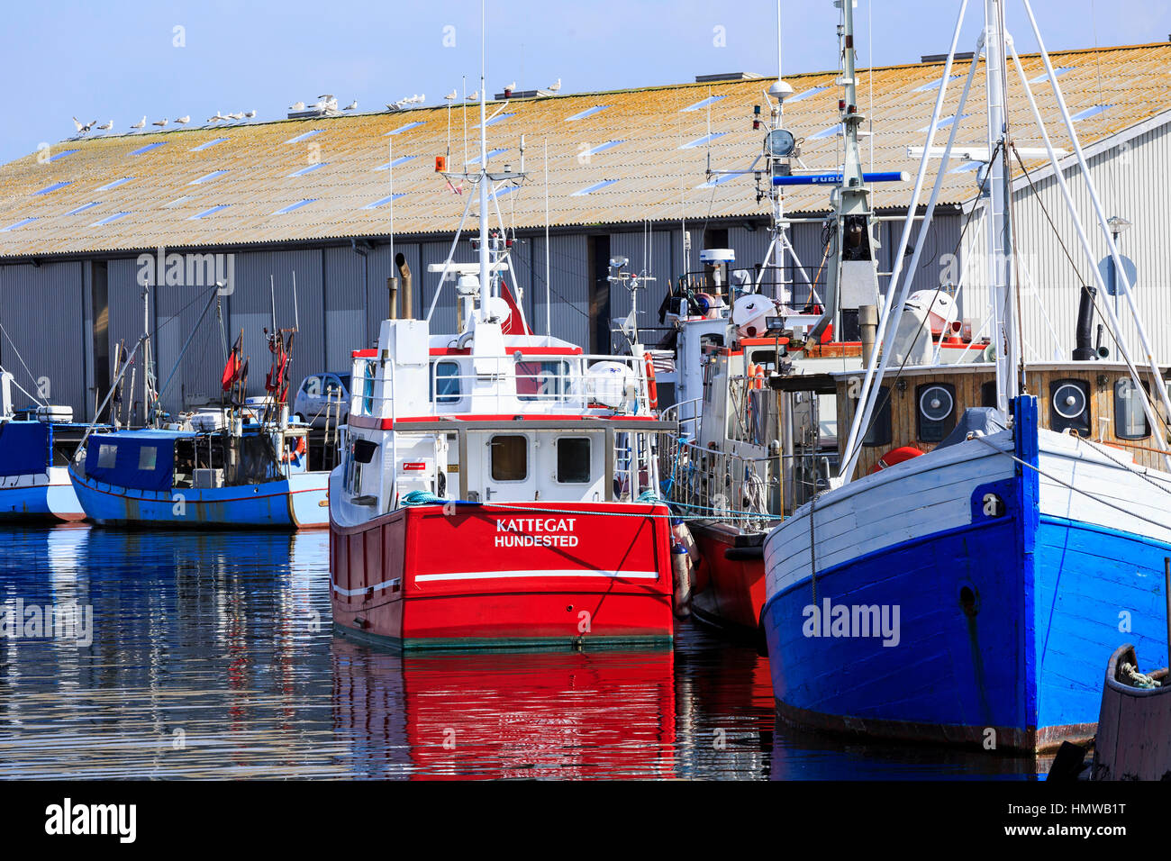 colourful Fishing trawlers in the harbour of Hundested, Denmark Stock ...