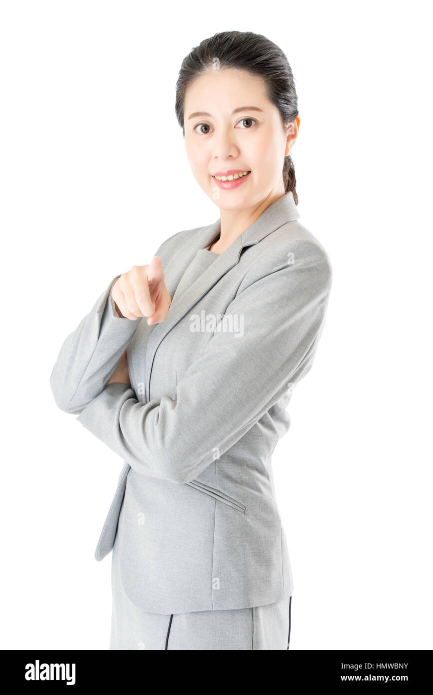 happy confident asian business woman pointing standing. isolated on ...