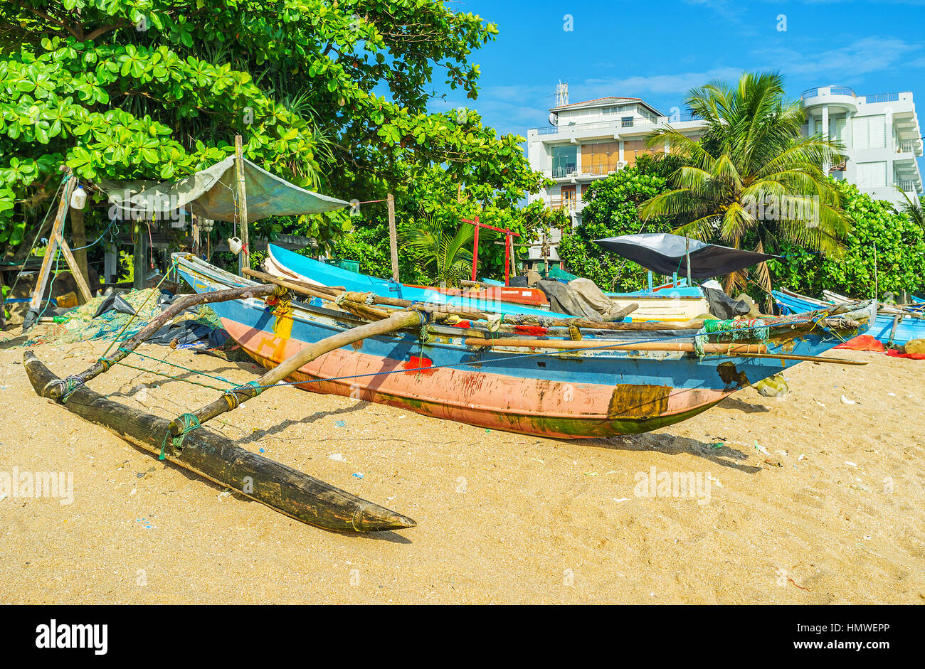 The old catamaran boats at the shore of Galle, Sri Lanka Stock Photo ...