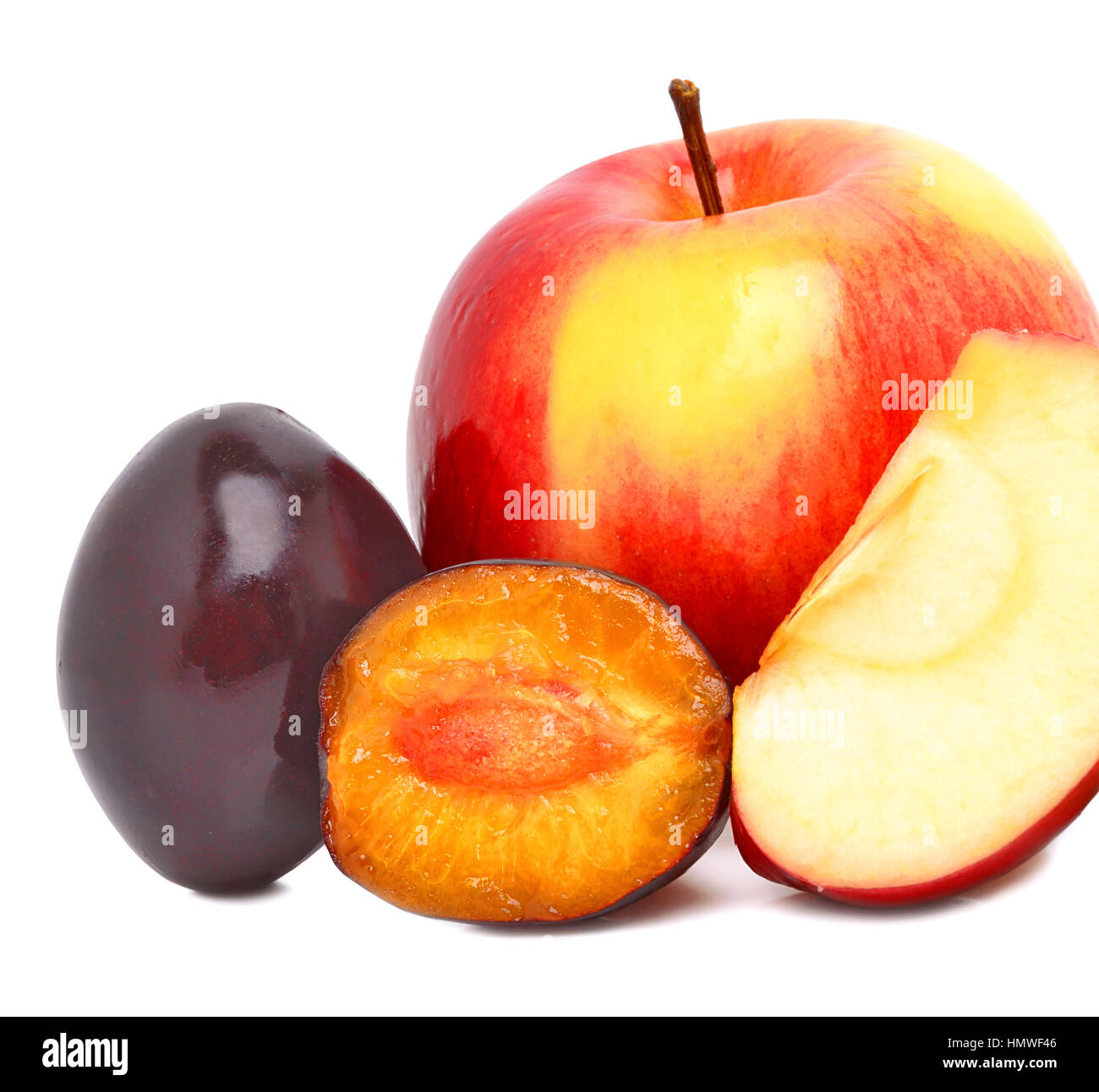 Ripe sweet plum and red apples isolted on the white background Stock ...