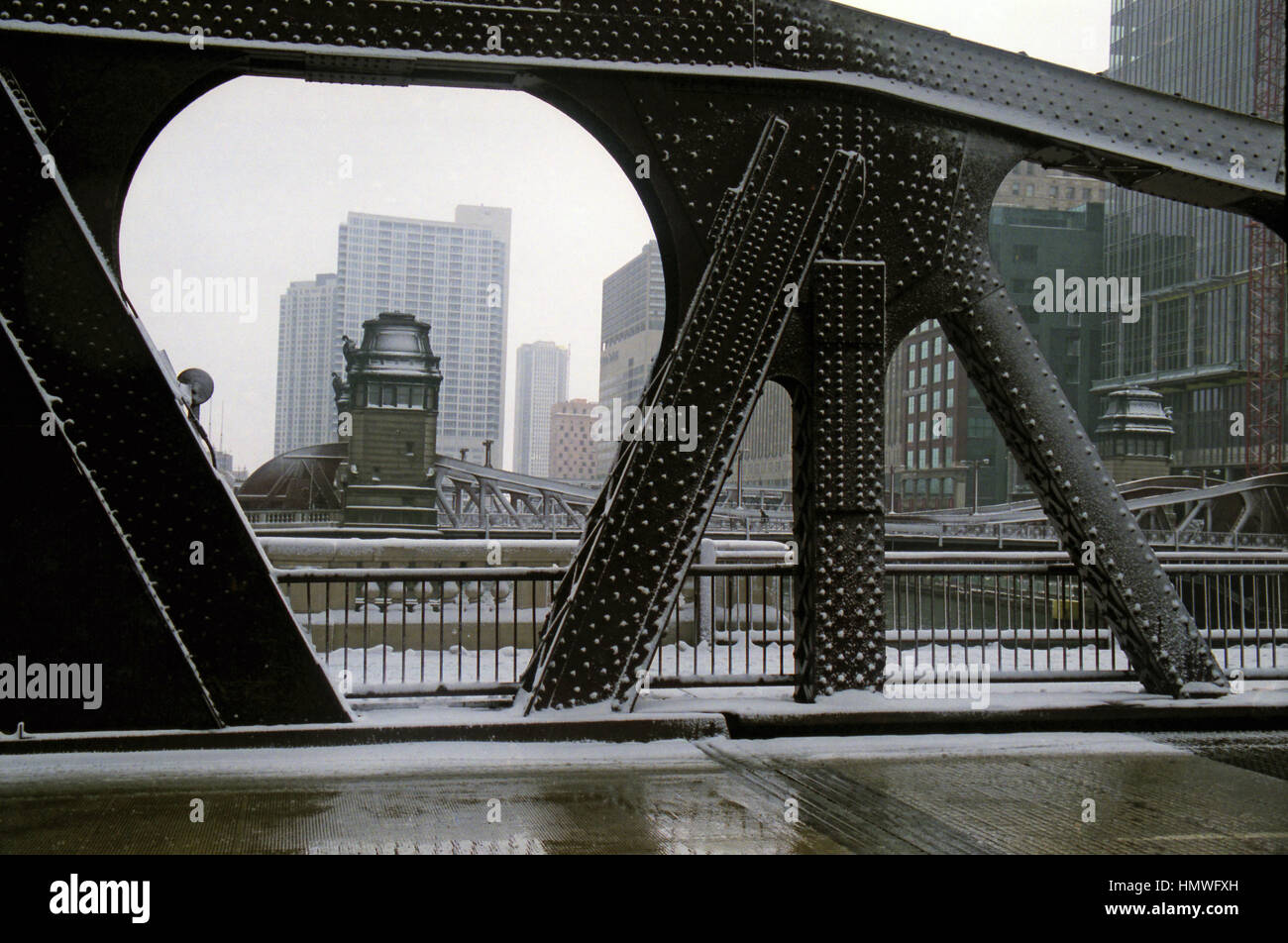 The LaSalle Street bridge house is framed by the Clark Street bridge as ...