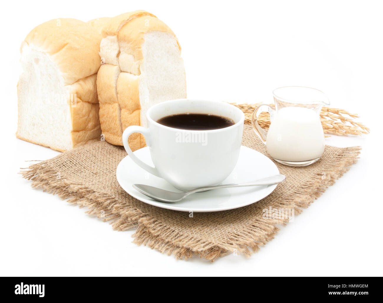 Beautiful breakfast with coffee and bread isolated Stock Photo - Alamy