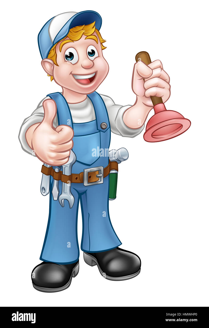 A plumber handyman cartoon character holding a plunger and giving a ...