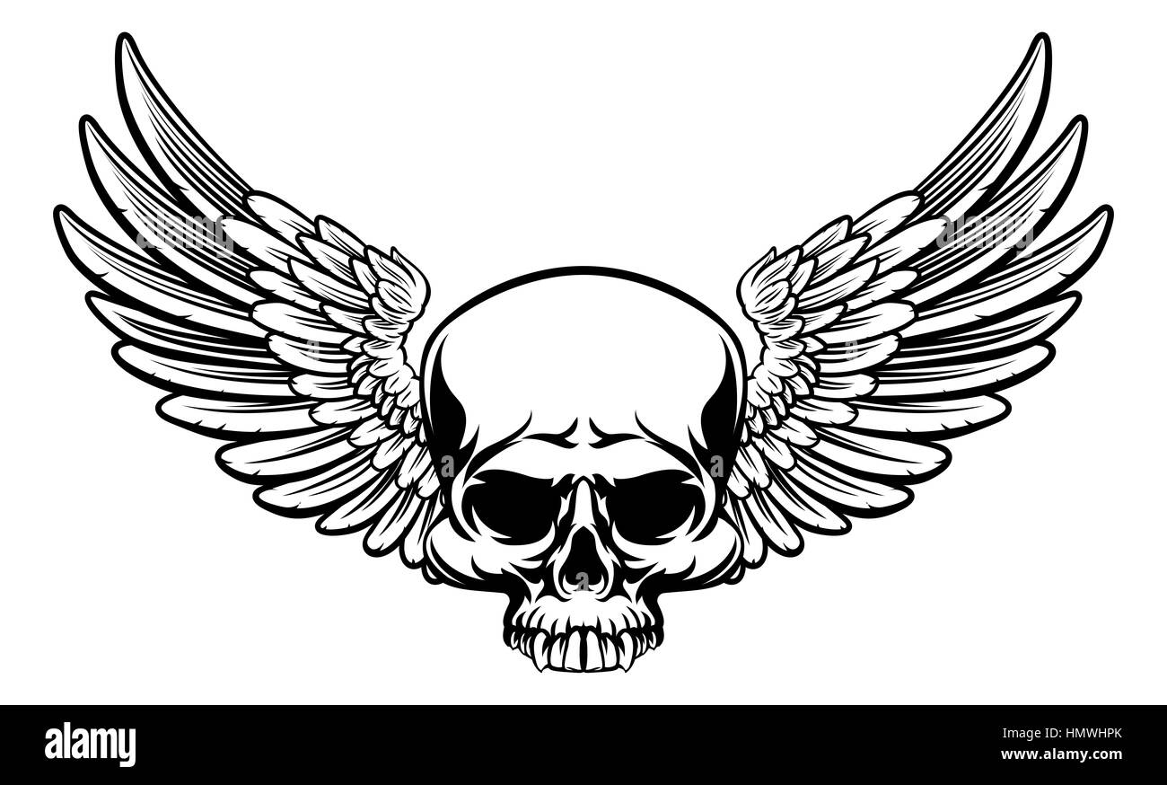 A winged skull drawing in a vintage retro woodcut etched or engraved ...