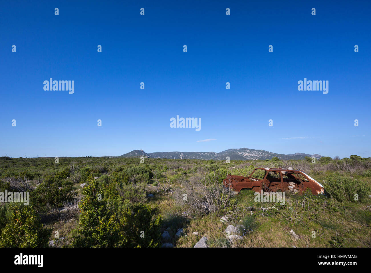 Landscape view of burnt out car amongst heathland vegetation, Feuilla ...