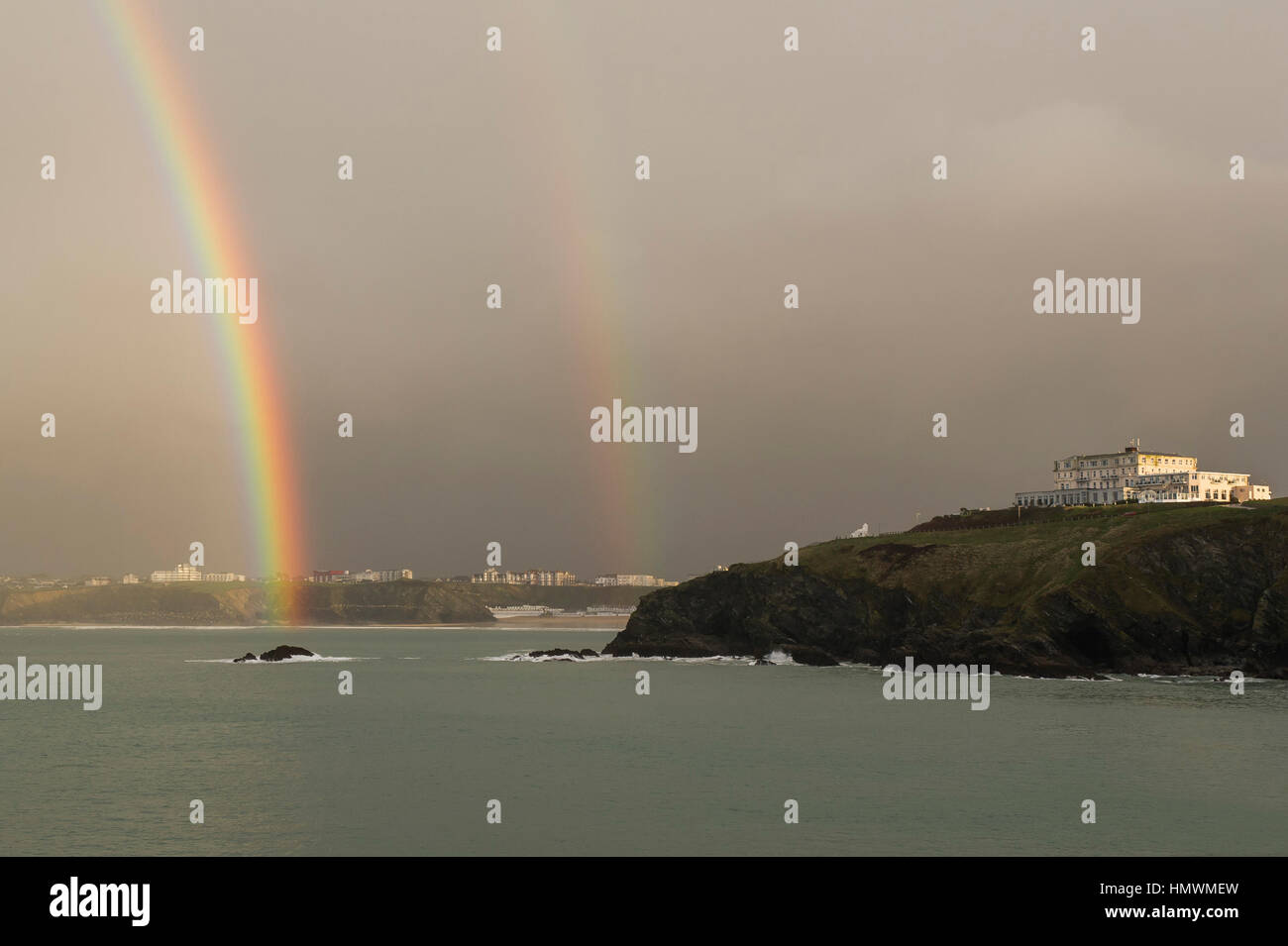 A spectacular double rainbow over the coast of Newquay., Cornwall ...