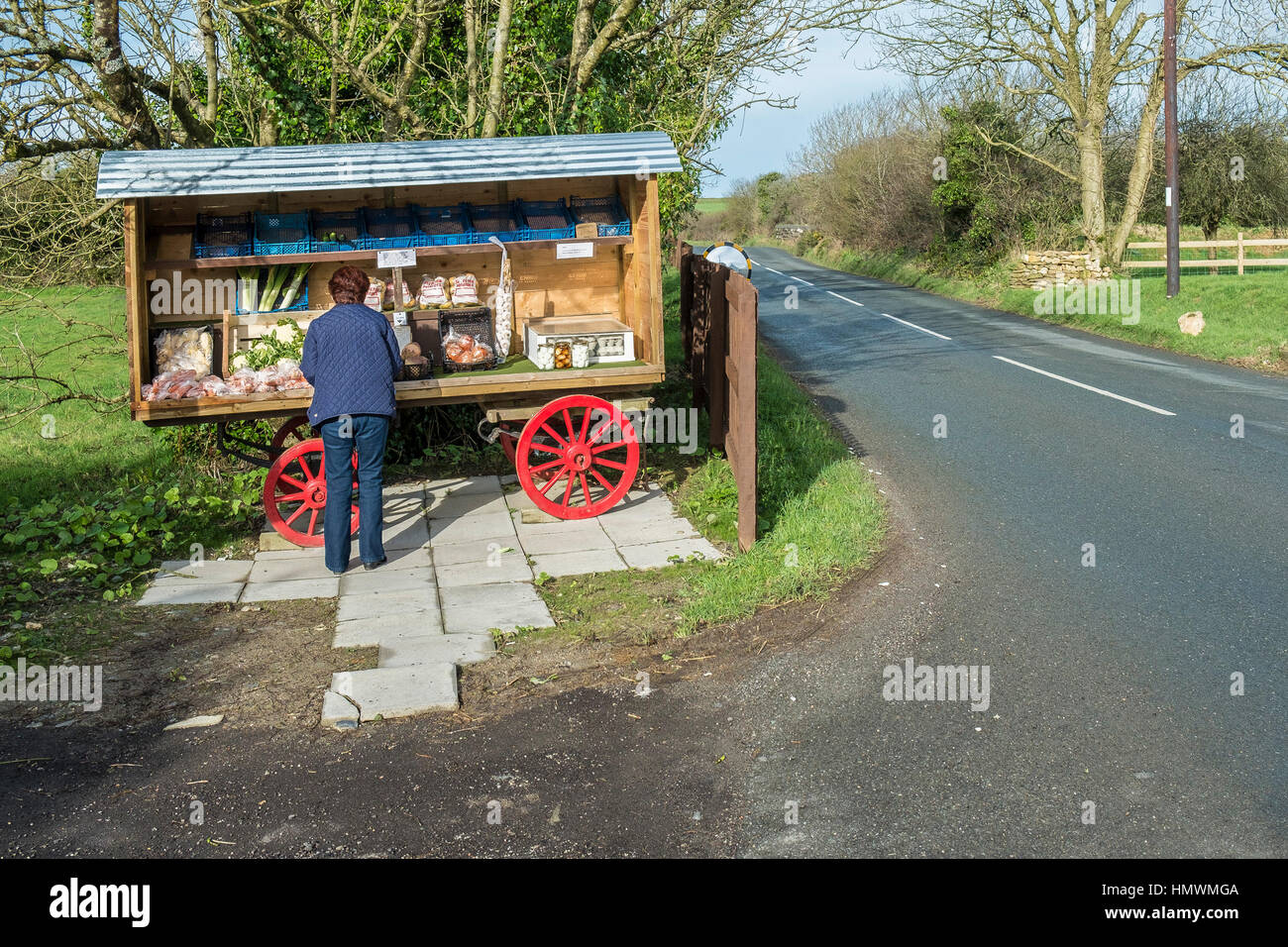 A customer buying fresh vegetables from a roadside stall in Cornwall ...