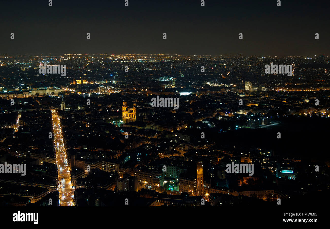 Aerial panoramic view of Paris city at night with principal attractions ...
