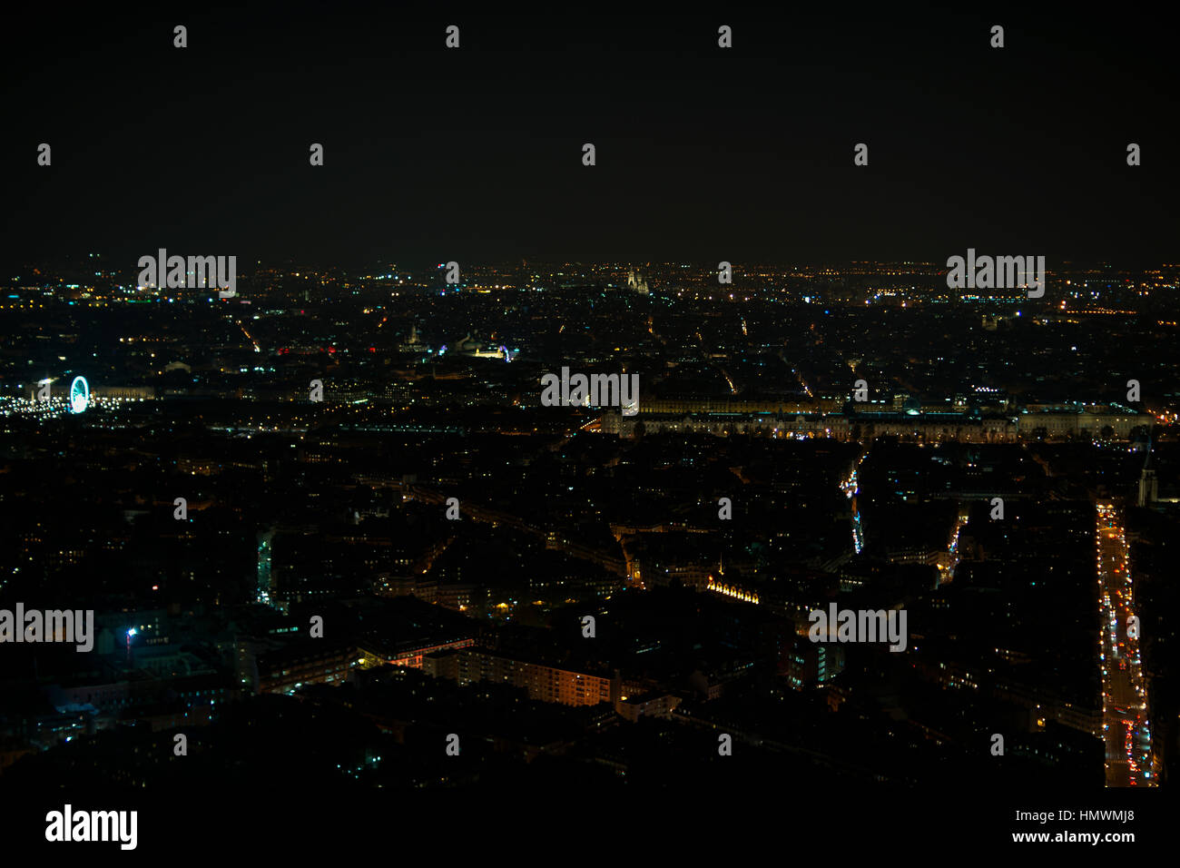 Aerial panoramic view of Paris city at night with principal attractions ...
