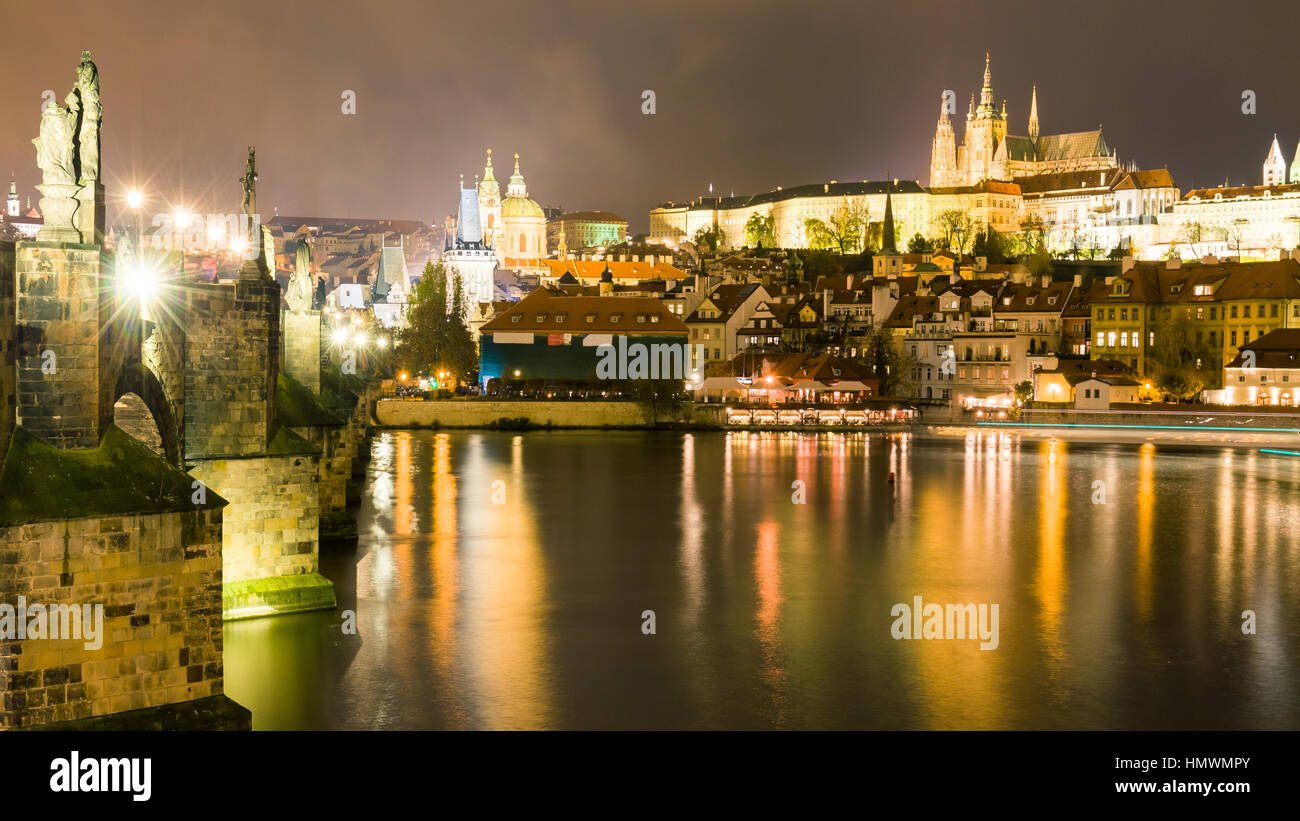 Night cityscape of Prague near Charles Bridge, Capital of Czechia Stock ...