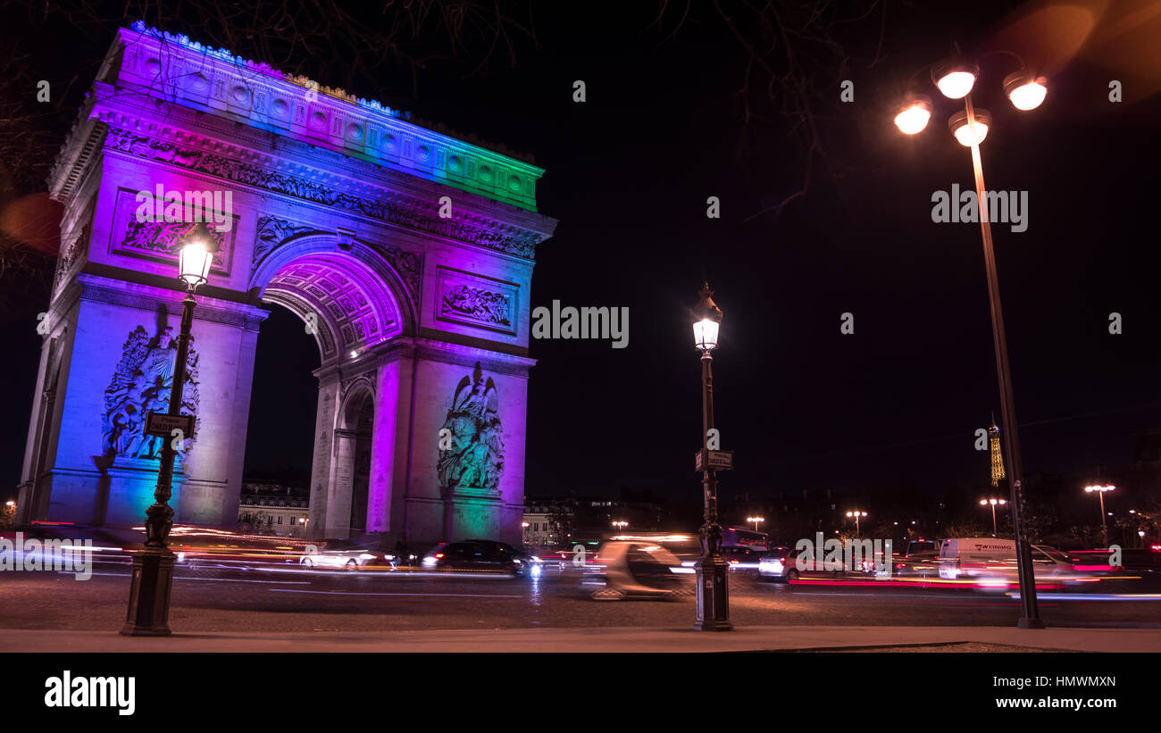 Triumphal Arch in Paris illuminated for Christmas in night Stock Photo ...