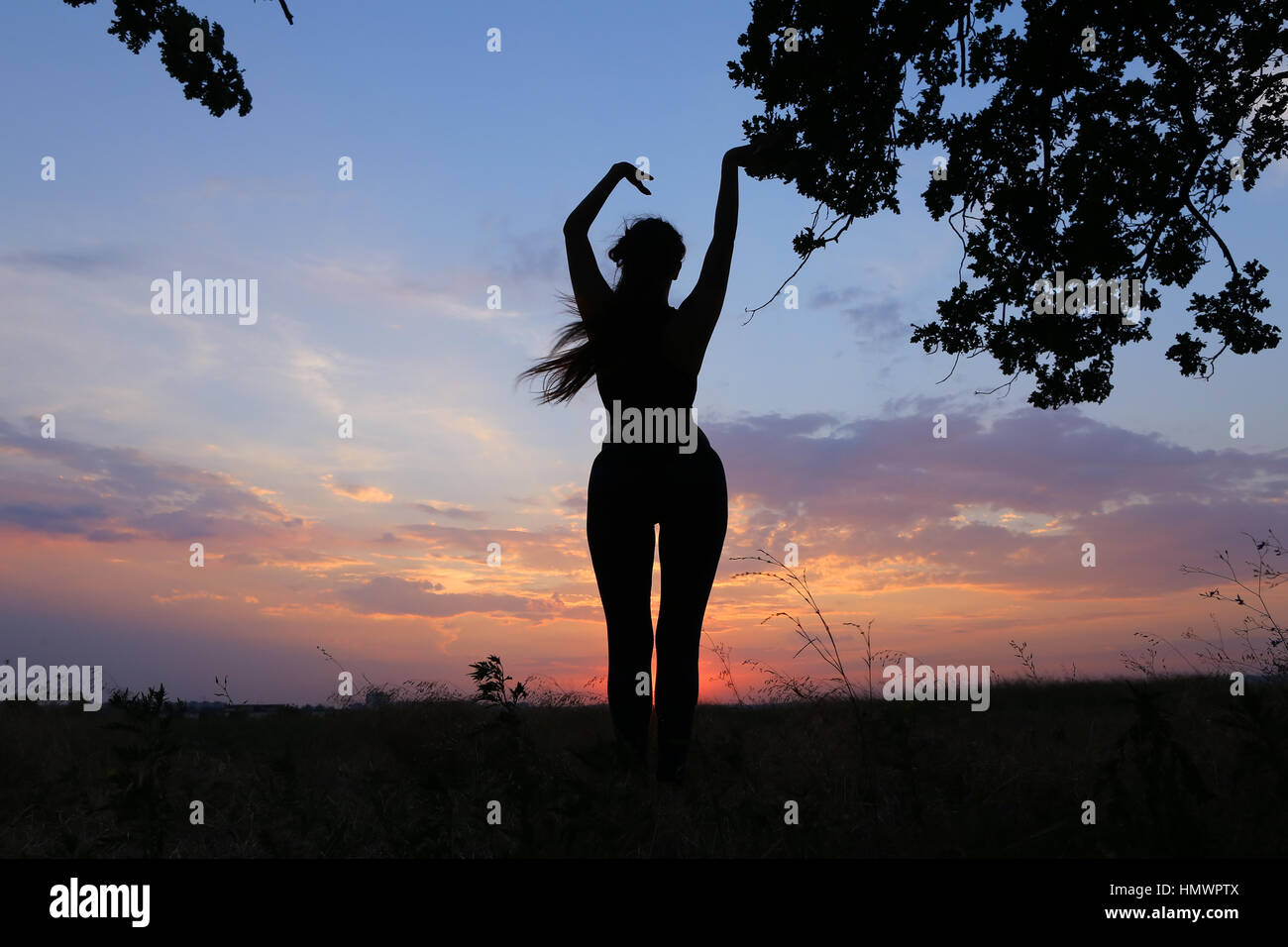 Female with beautiful figure takes yoga postures, gymnastics and ballet ...