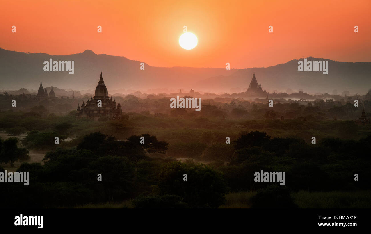 Sunset in Myanmar, Bagan, which is also formally known as Burma. Shot ...