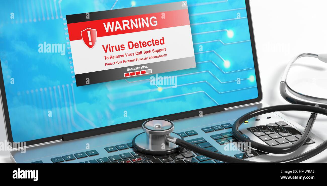 Virus alert on a laptop screen and a stethoscope. 3d illustration Stock ...
