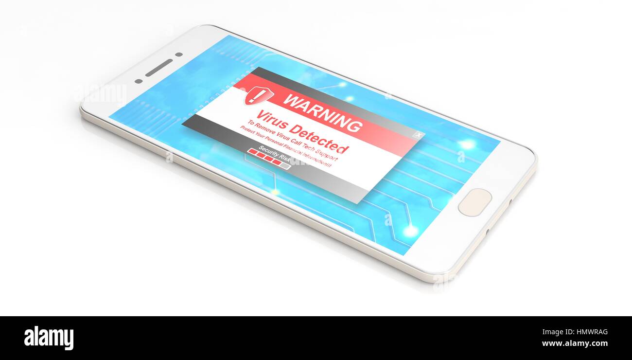 Virus alert on a smartphone screen on white background. 3d illustration ...