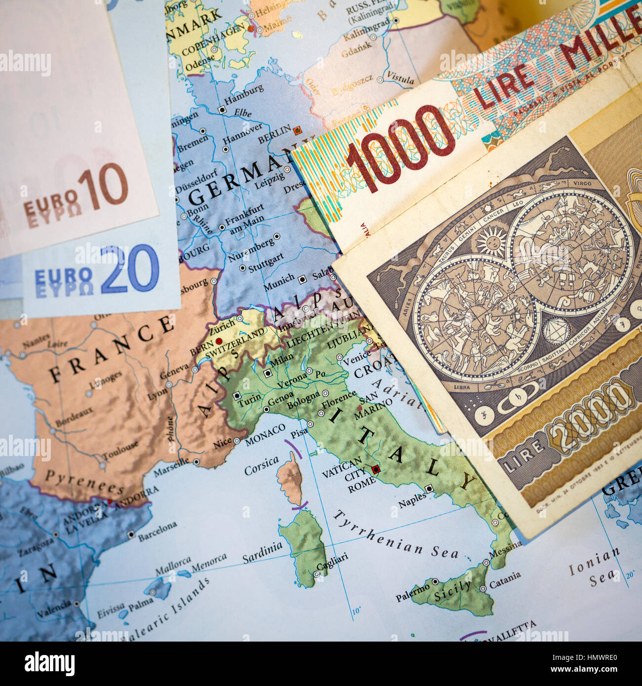 Italian Euro currency exit concept of Euro notes and Lira notes on a ...
