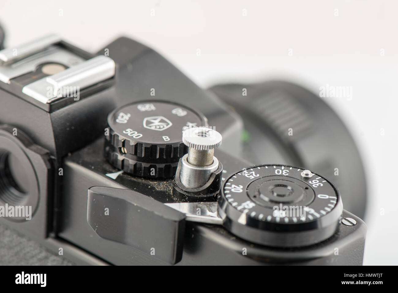 Close up of the shutter knob of old retro camera. Detail of analog film ...