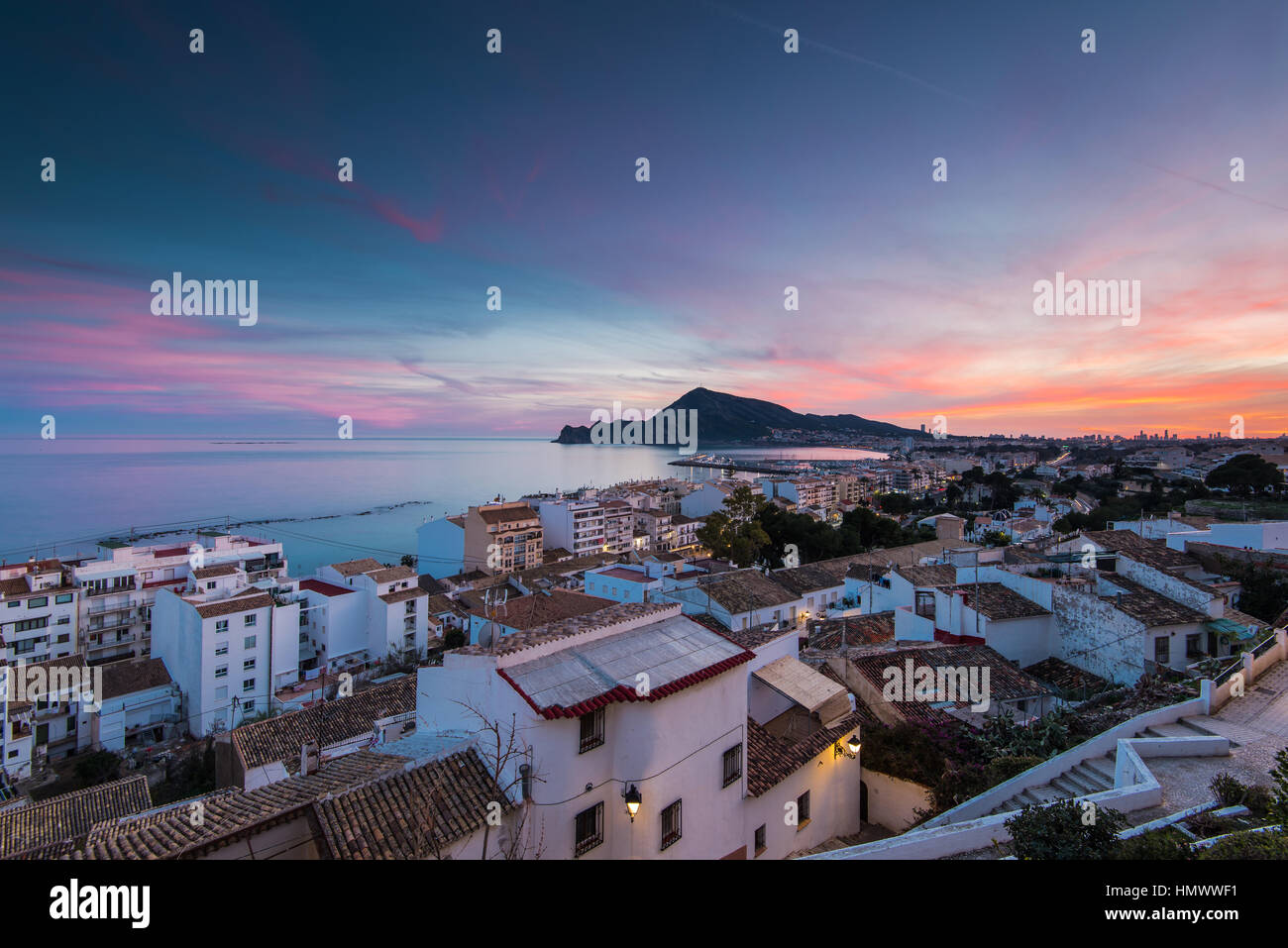 Panoramic vista from balcony in Altea, Spain at sunset Stock Photo - Alamy