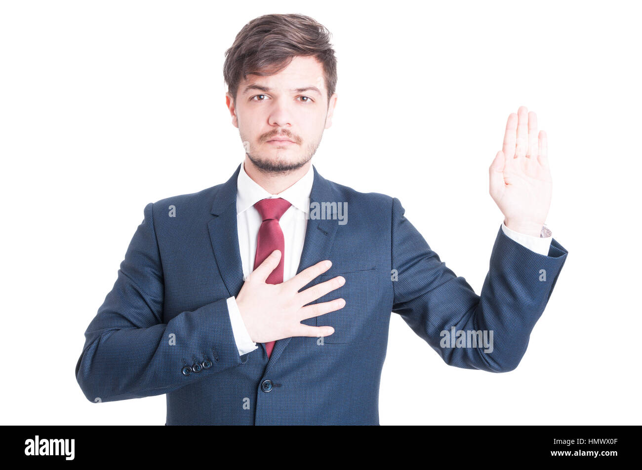 Business man or politician standing raising hand taking oath isolated ...