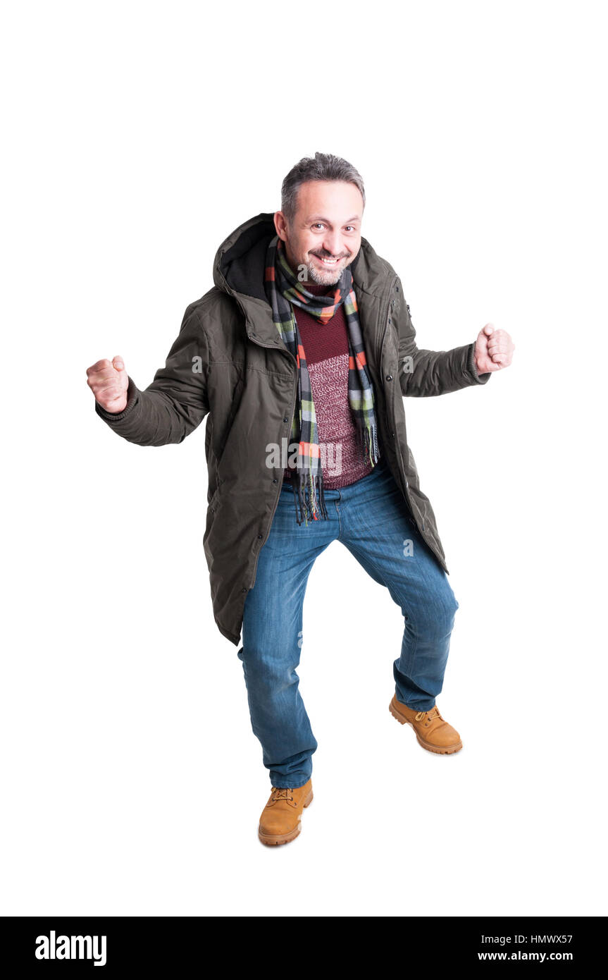 Full body man posing being happy wearing winter casual clothes isolated ...