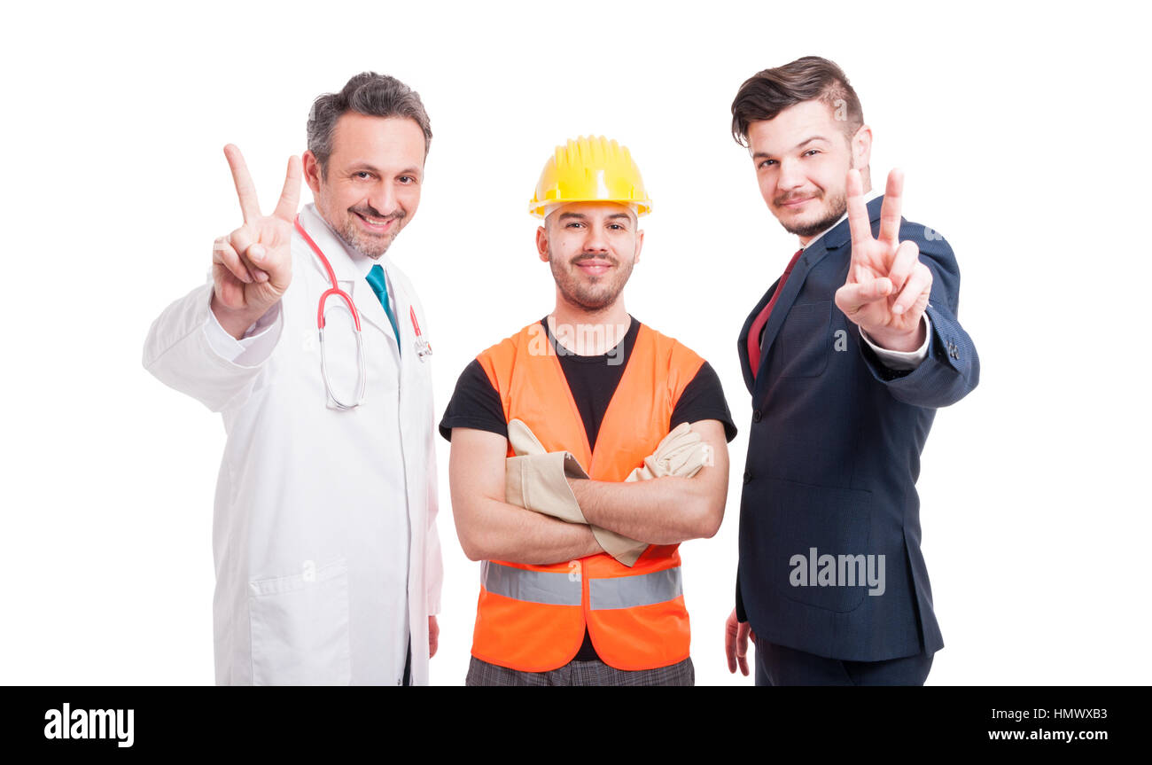 Doctor or medic and businessman showing peace gesture while engineer ...