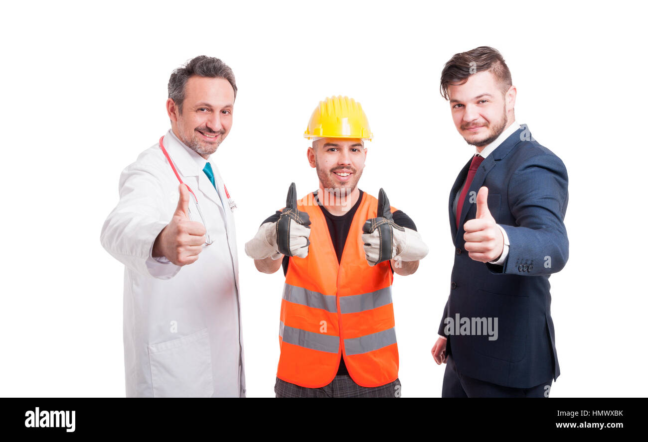 Professional businessman, engineer and medic showing all thumb up or ...