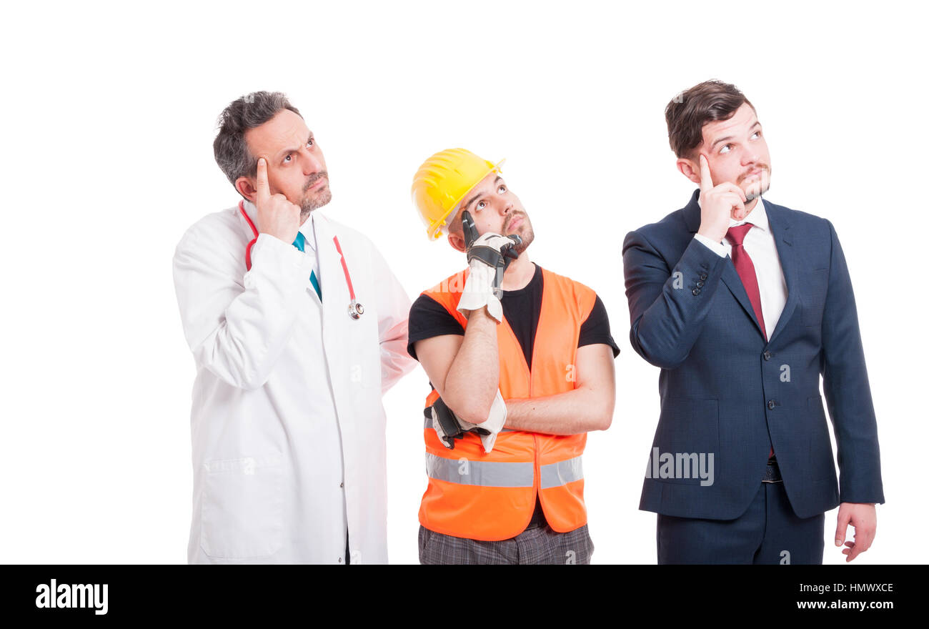 Three professional men with different jobs searching for ideas on white ...
