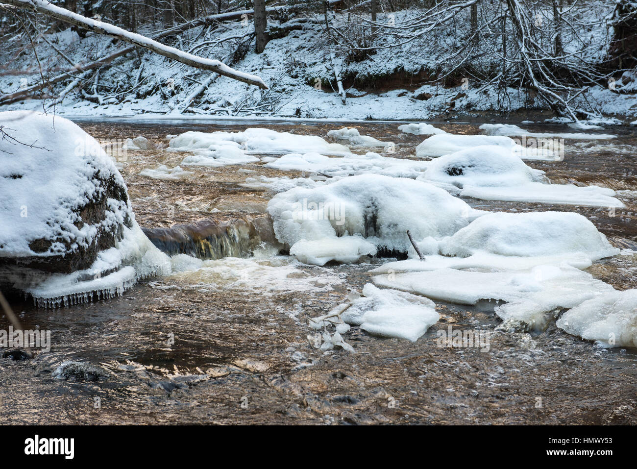 Frozen winter river landscape with ice and snow Stock Photo - Alamy