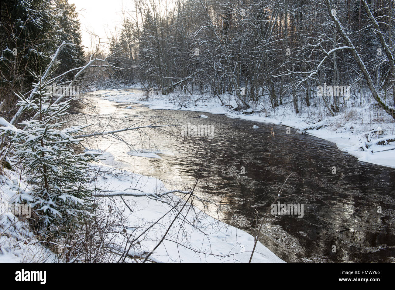Frozen winter river landscape with ice and snow Stock Photo - Alamy