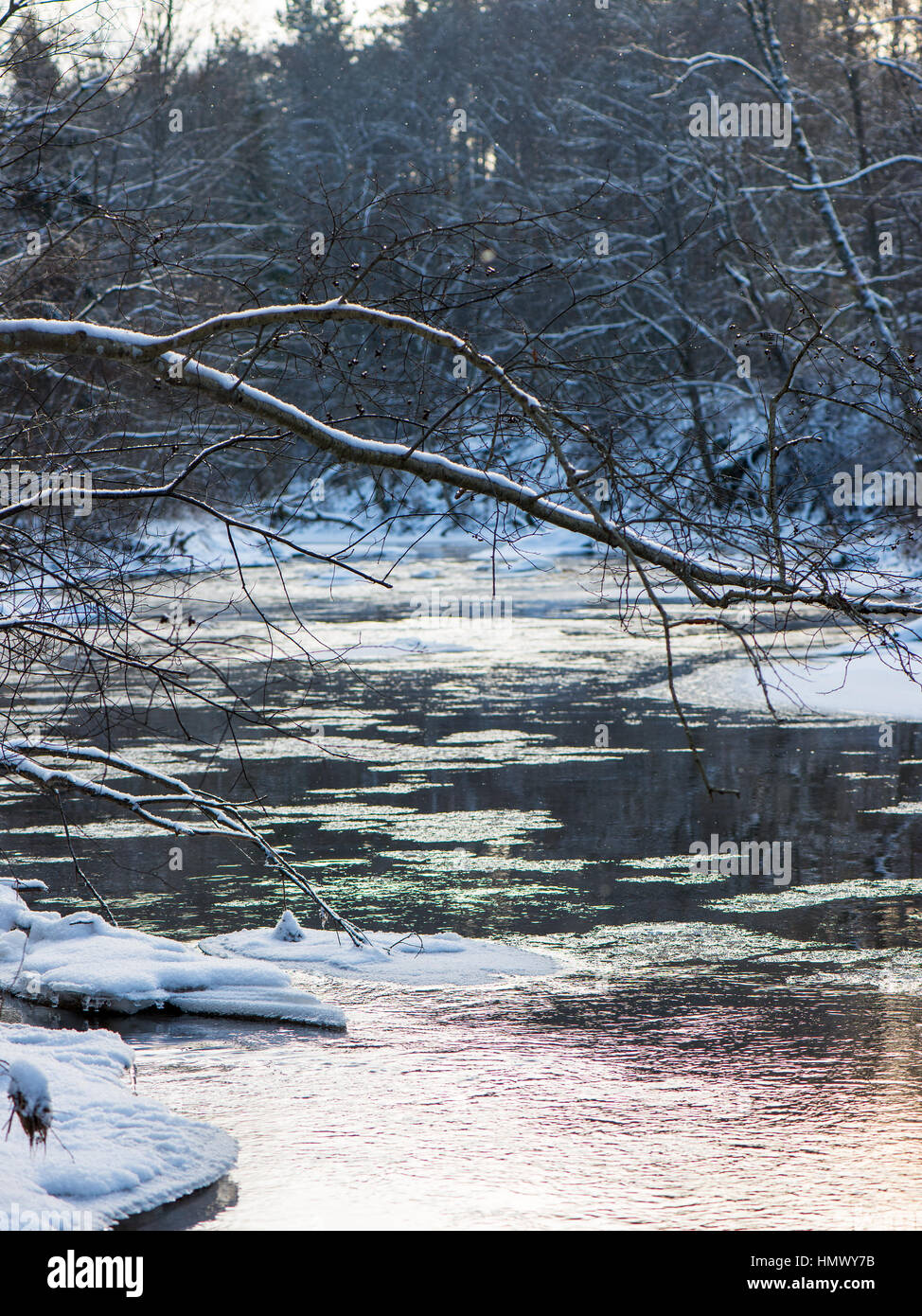 Frozen winter river landscape with ice and snow Stock Photo - Alamy