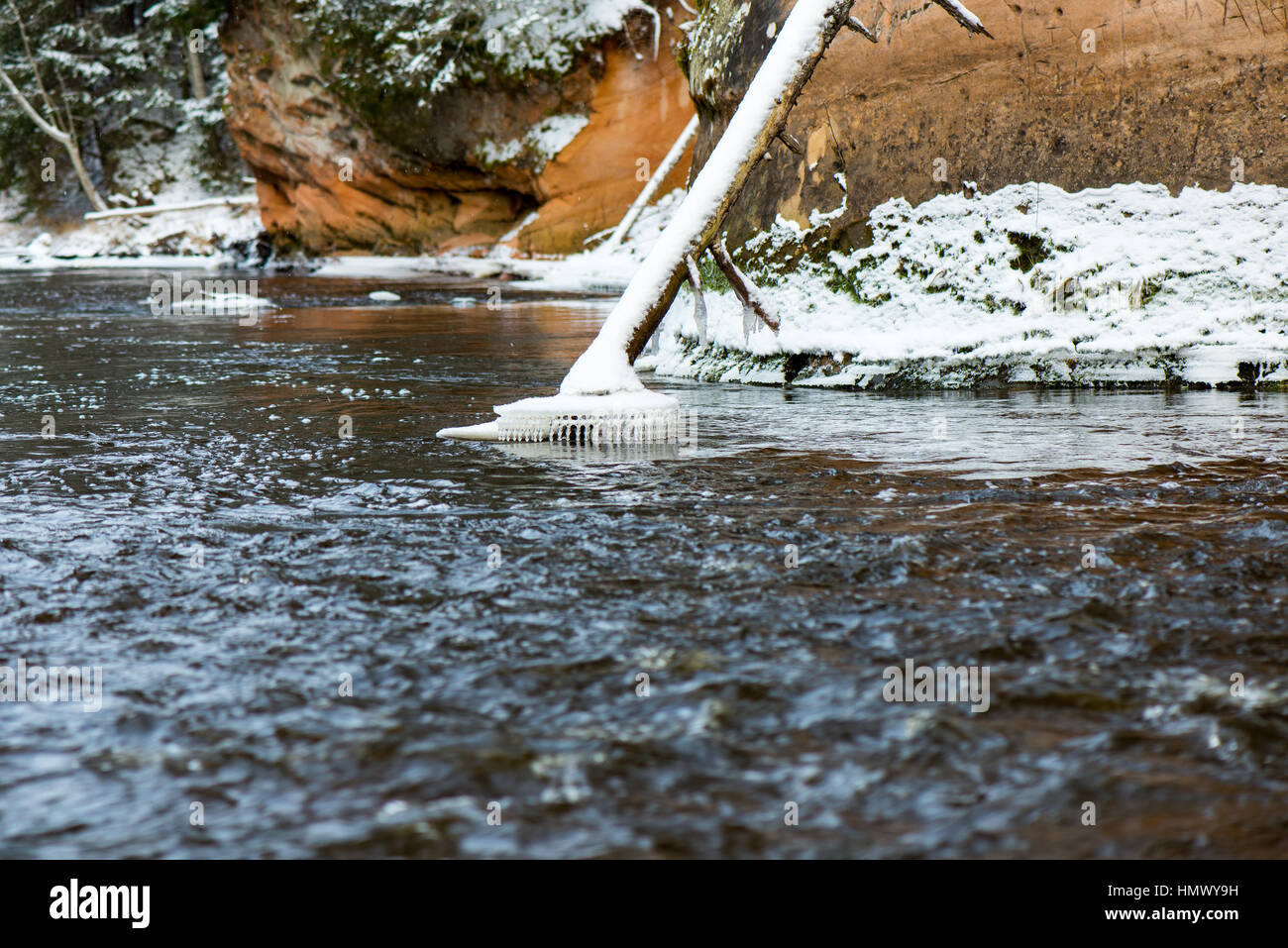 Frozen winter river landscape with ice and snow Stock Photo - Alamy