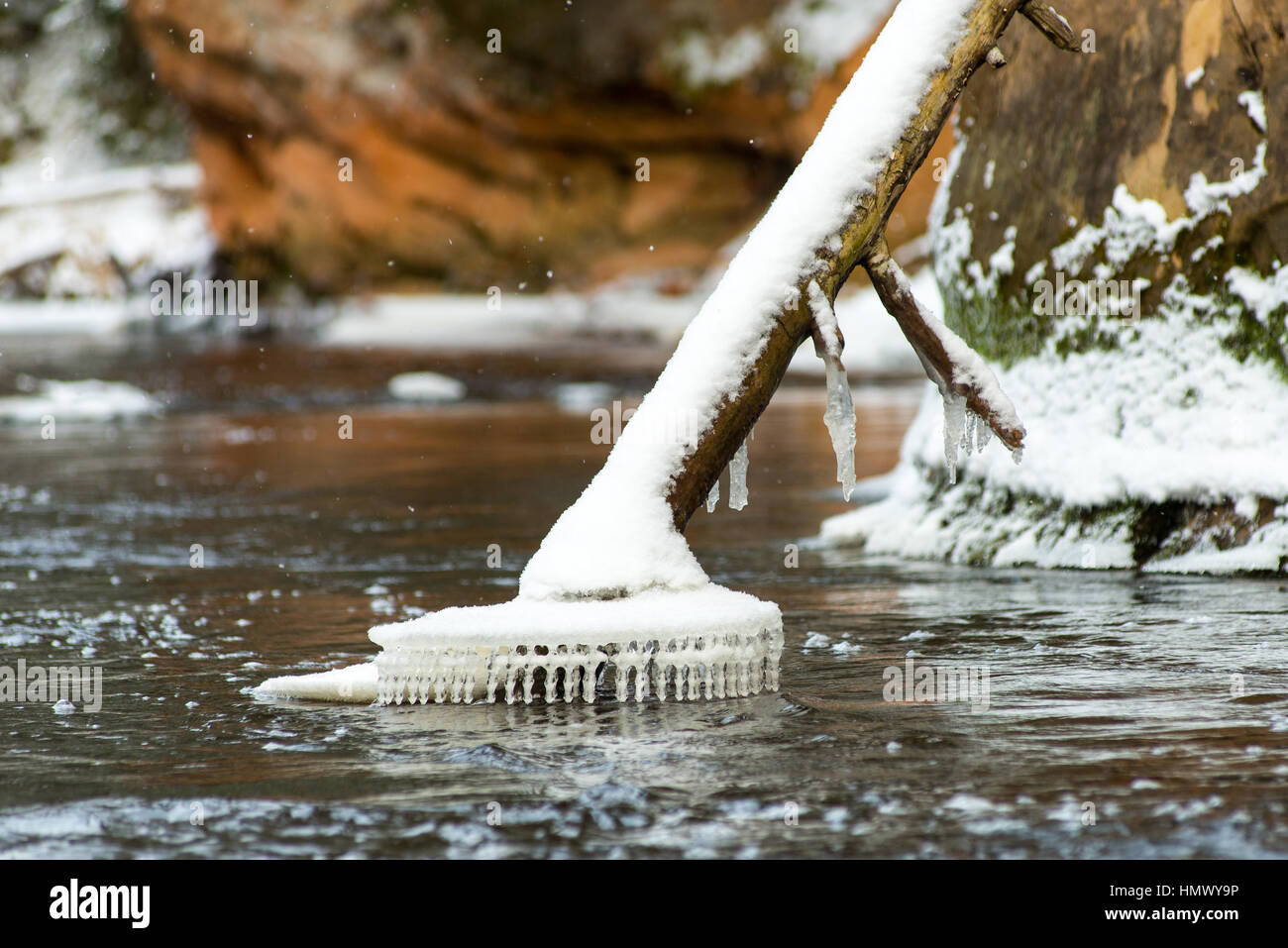 Frozen winter river landscape with ice and snow Stock Photo - Alamy