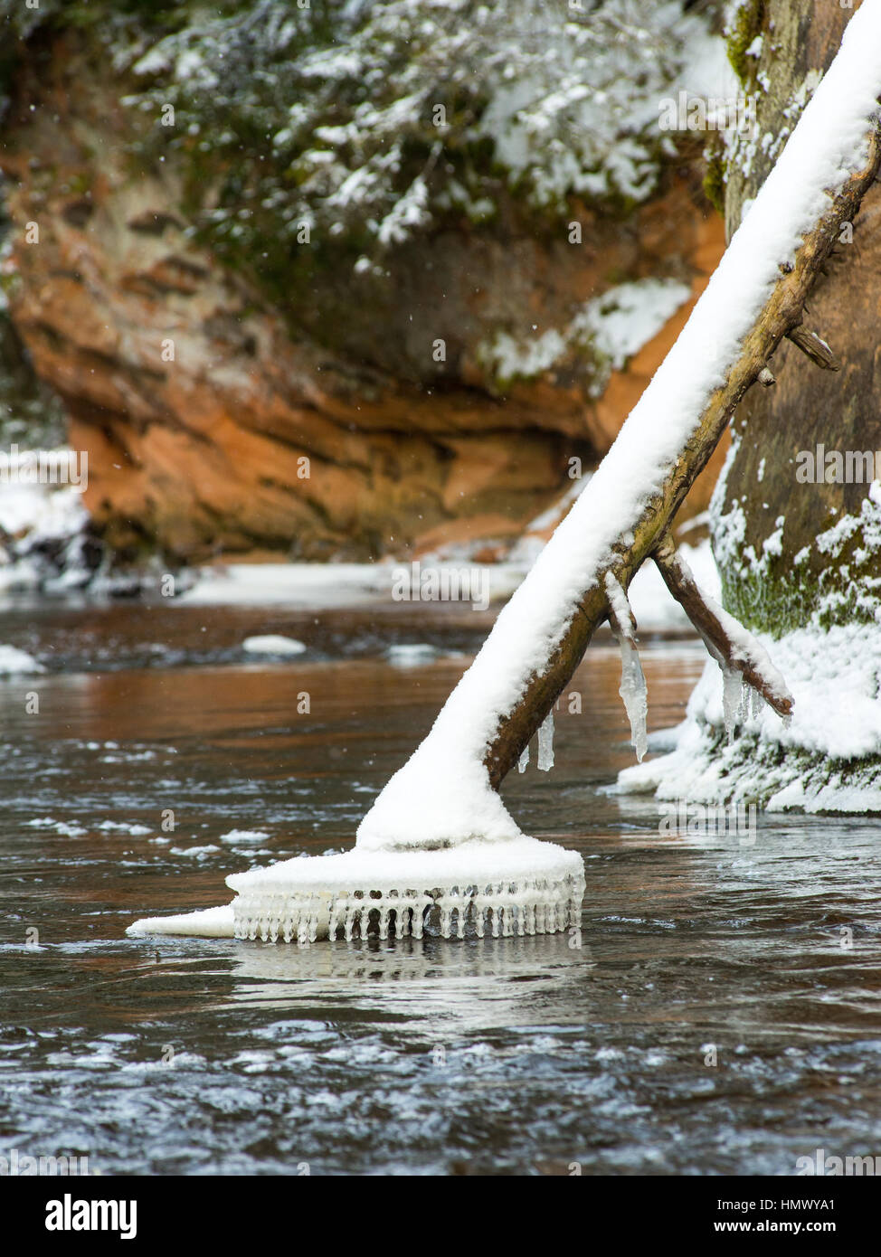 Frozen winter river landscape with ice and snow Stock Photo - Alamy