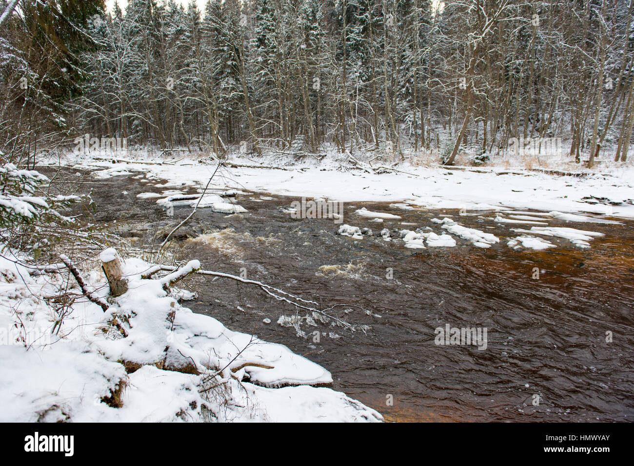 Frozen winter river landscape with ice and snow Stock Photo - Alamy
