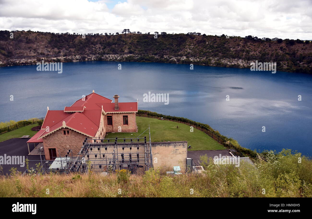 Blue Lake with the pumping station at Mt Gambier, South Australia. The ...
